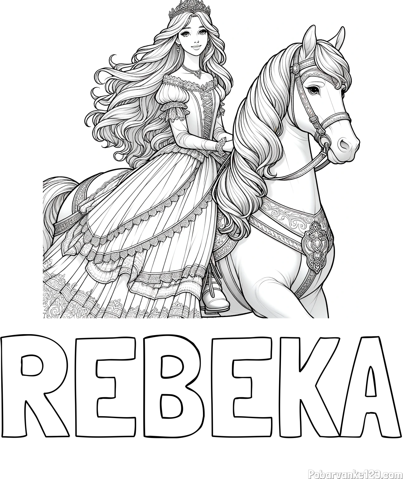 Pobarvanka imena REBEKA in pobarvanka nasmejana princese na konju