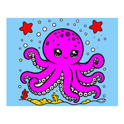 Pobarvanka hobotnice v morju obdane z morskimi zvezdami