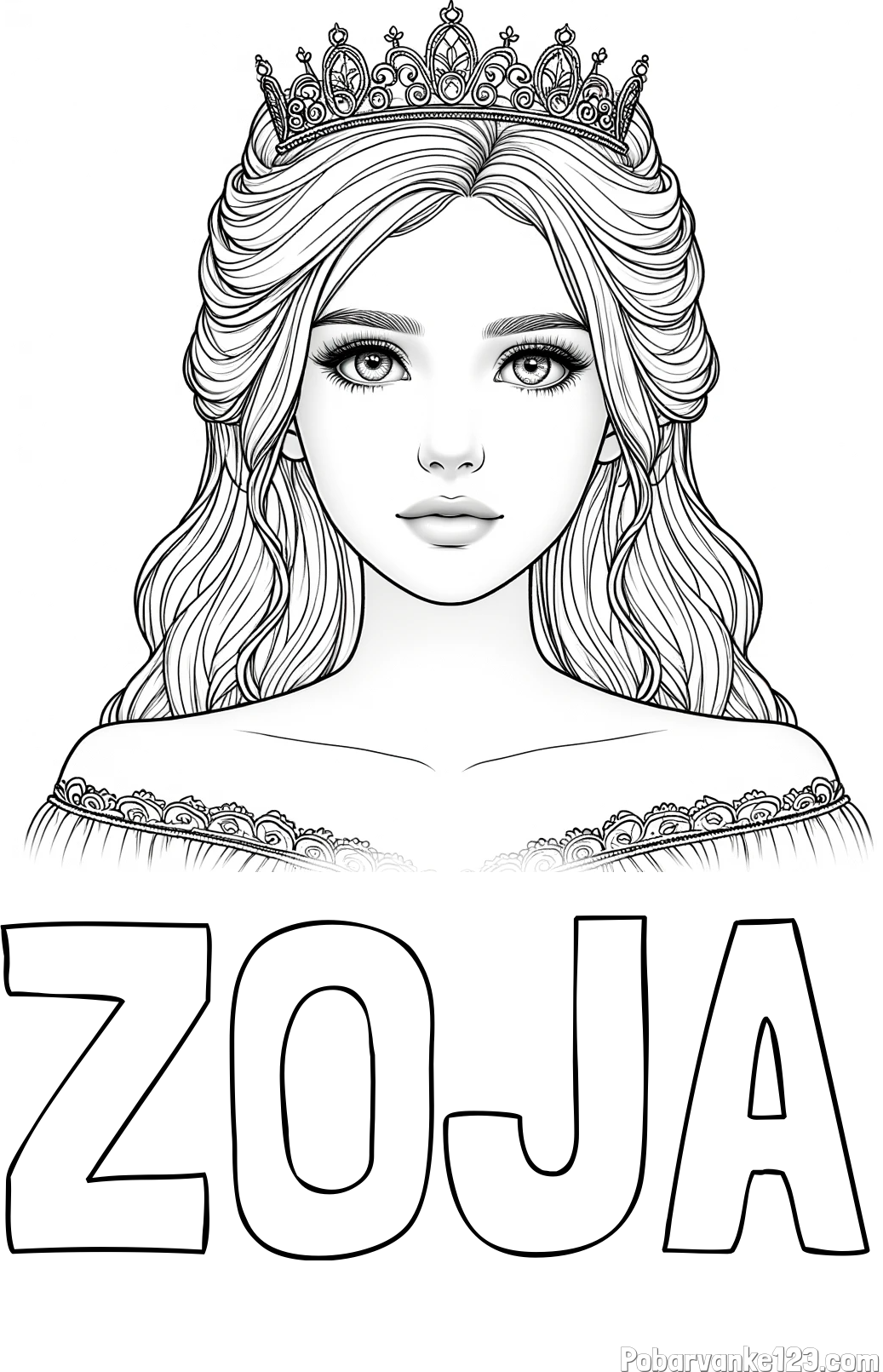 Pobarvanka imena ZOJA in pobarvanka prikupne princeske s čudovitimi očmi