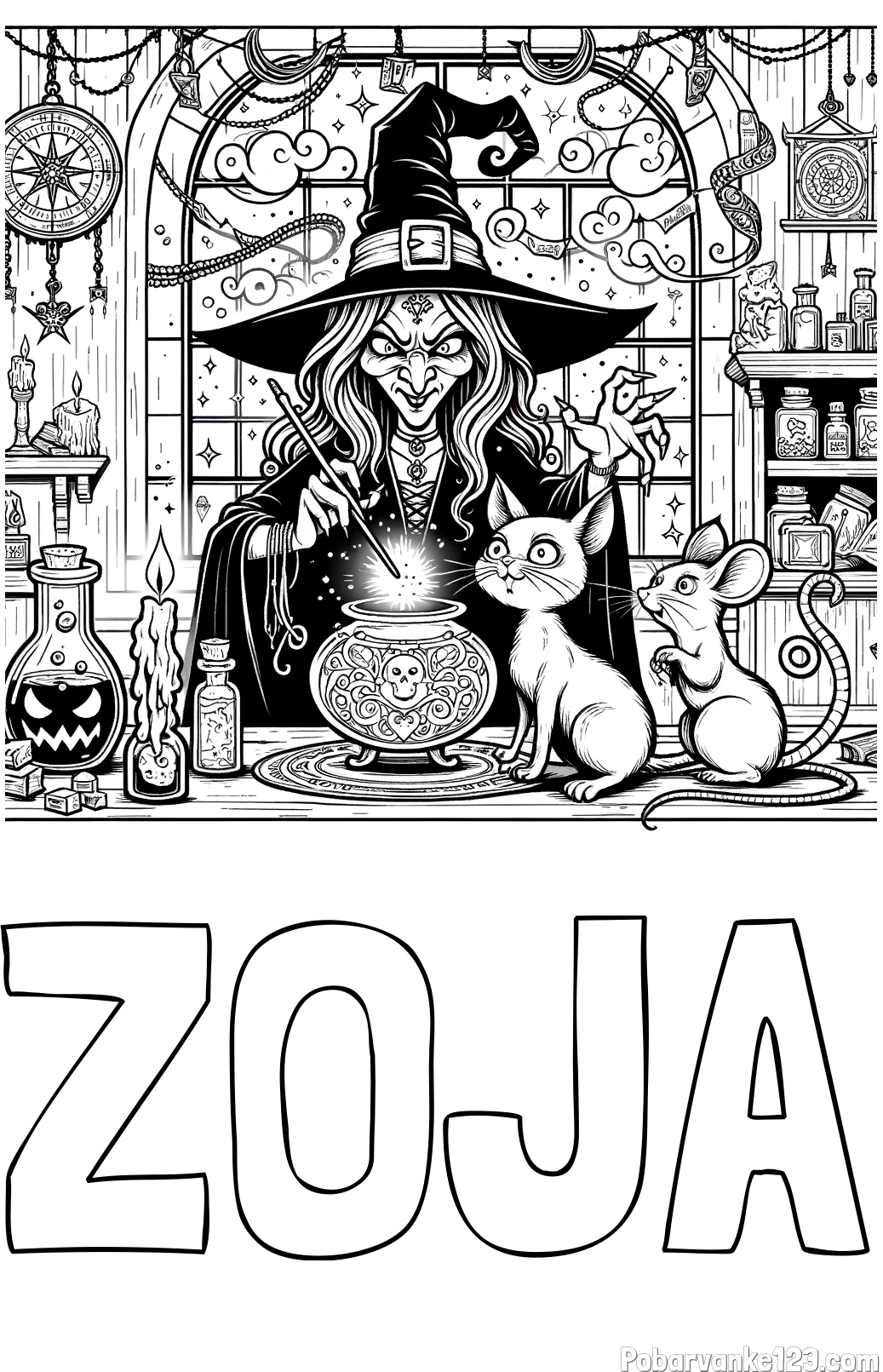 Pobarvanka imena ZOJA in pobarvanka zlobne čarovnice, muce in miške
